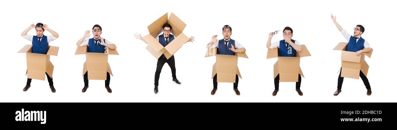 Man in thinking outside the box concept Stock Photo - Alamy