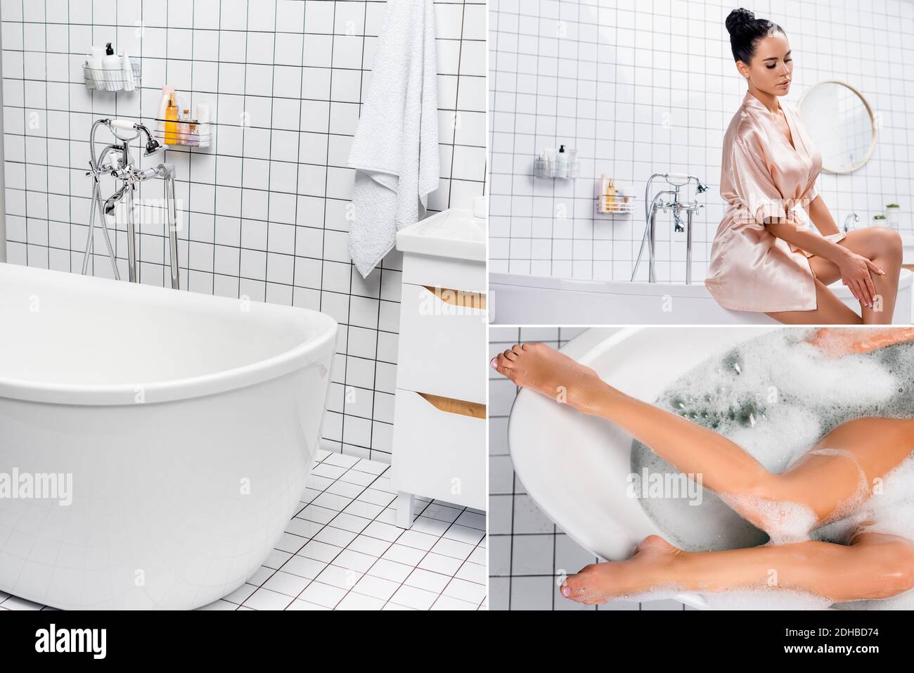 Collage of young woman touching leg and taking bath with foam at home ...