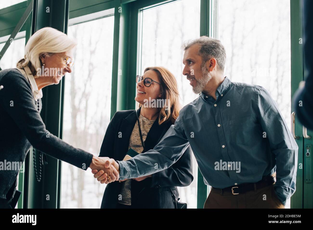 Mature businessman greeting senior colleague in meeting at office Stock ...