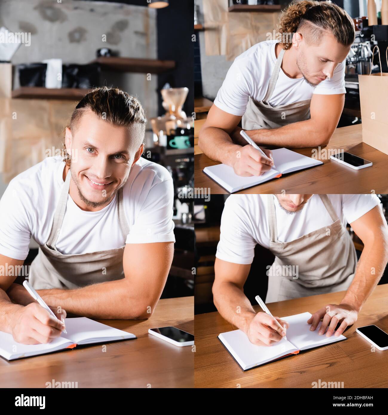 collage of young handsome barista writing in notebook near mobile phone ...