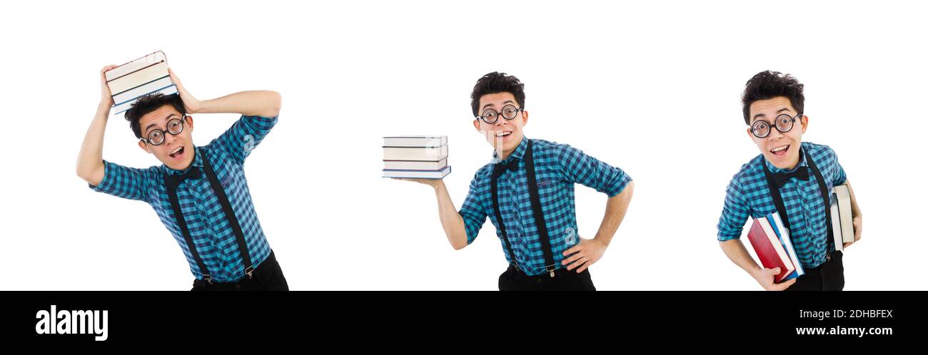 Funny student with stack of books Stock Photo - Alamy
