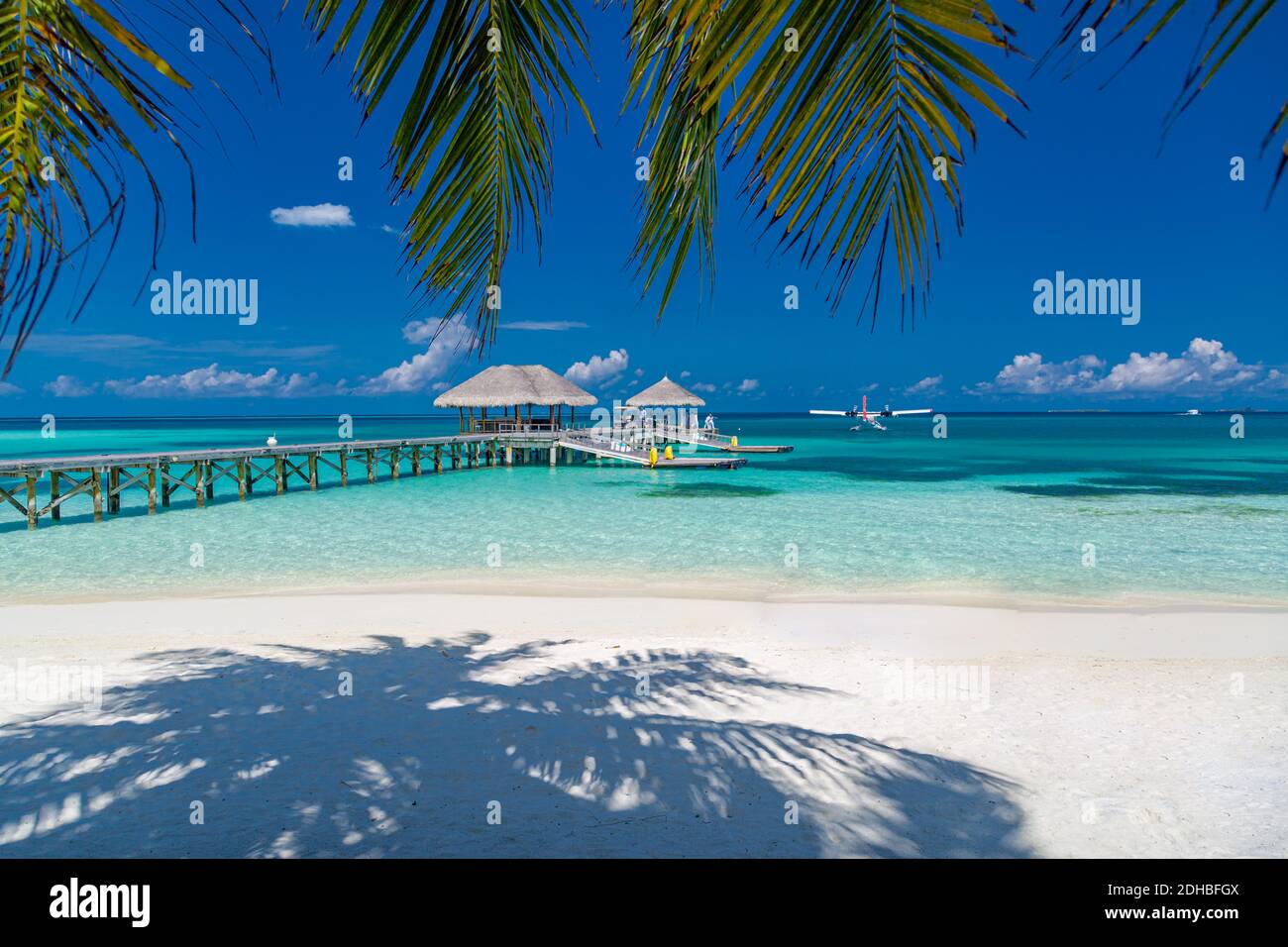 Tropical beach with water bungalows on the Maldives. Amazing shore ...