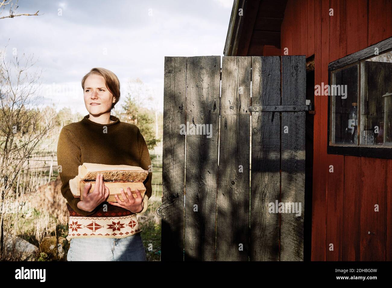 Thoughtful young woman holding firewood while standing outside cottage ...
