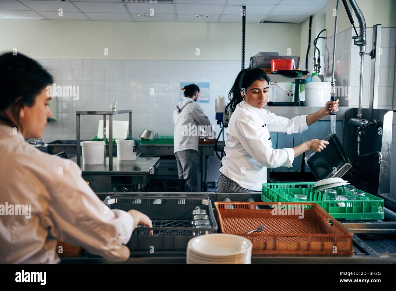 Female chef washing dishes in commercial kitchen Stock Photo - Alamy