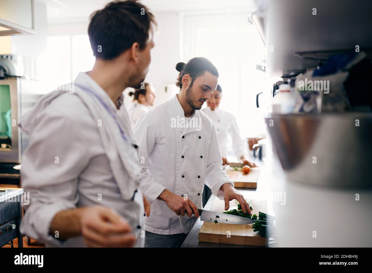 Male chef chopping vegetable in commercial kitchen Stock Photo - Alamy