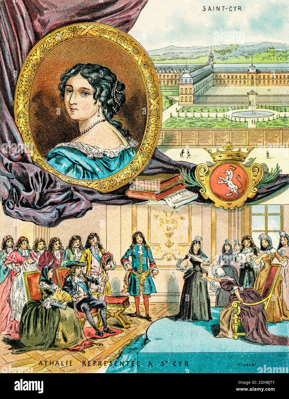 Old color lithography portrait of Madame de Maintenon. Françoise d ...