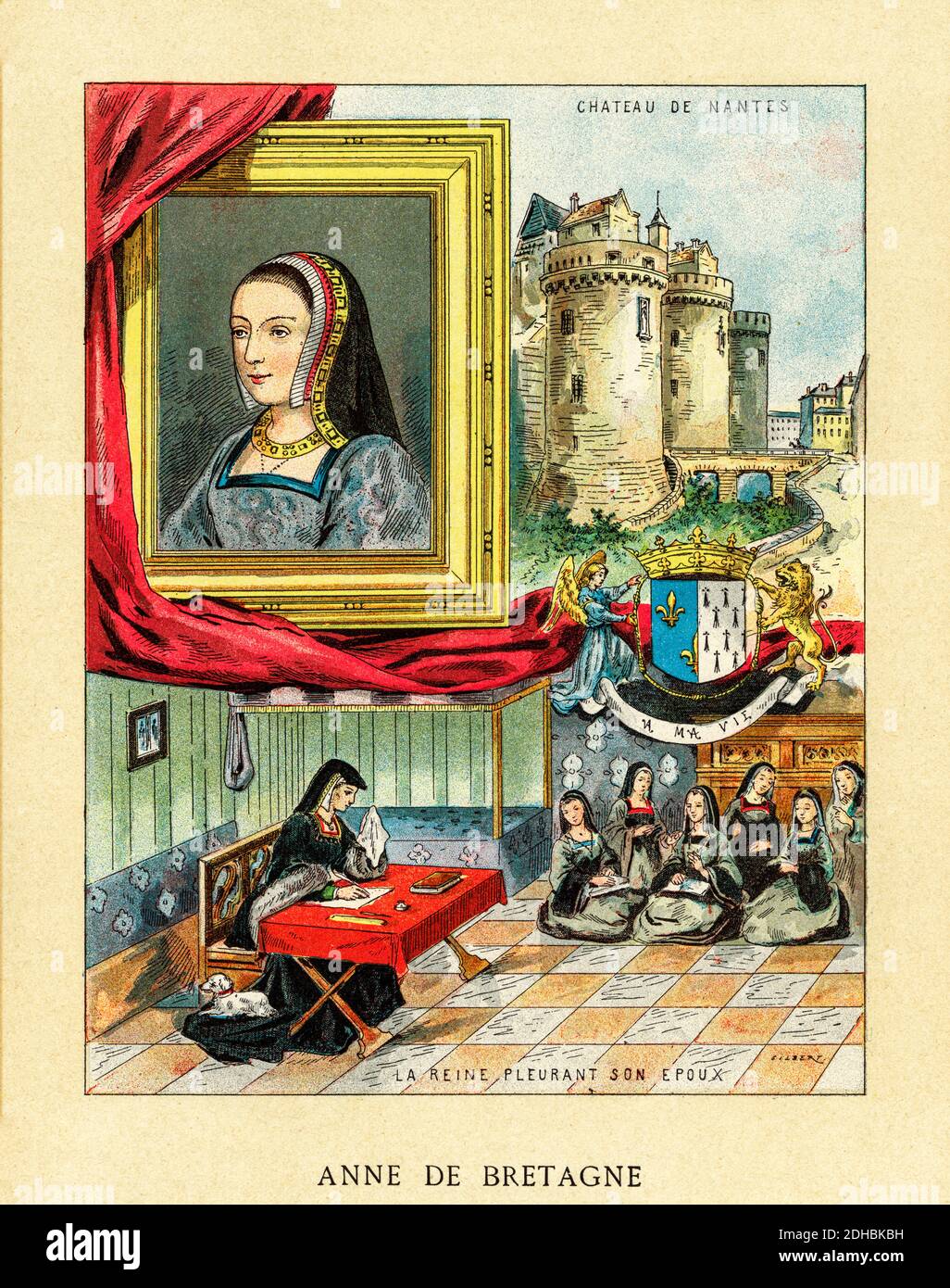 Old color lithography portrait of Anne of Brittany. Anne de Bretagne ...
