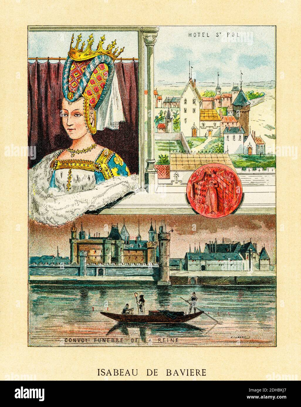 Old color lithography portrait of Isabeau of Bavaria. Elizabeth of ...