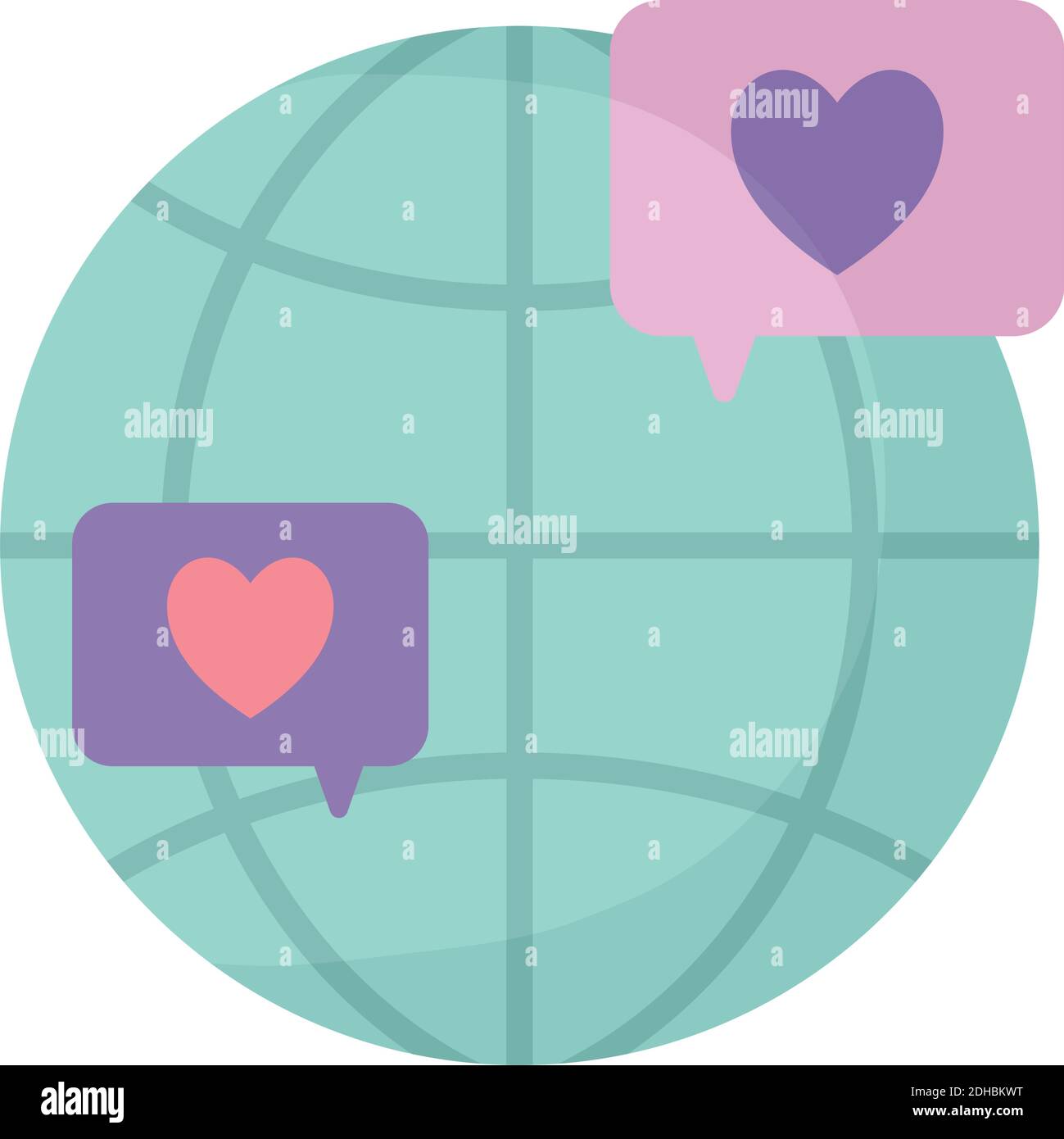pink and purple message bubbles with a heart in the middle over a world ...
