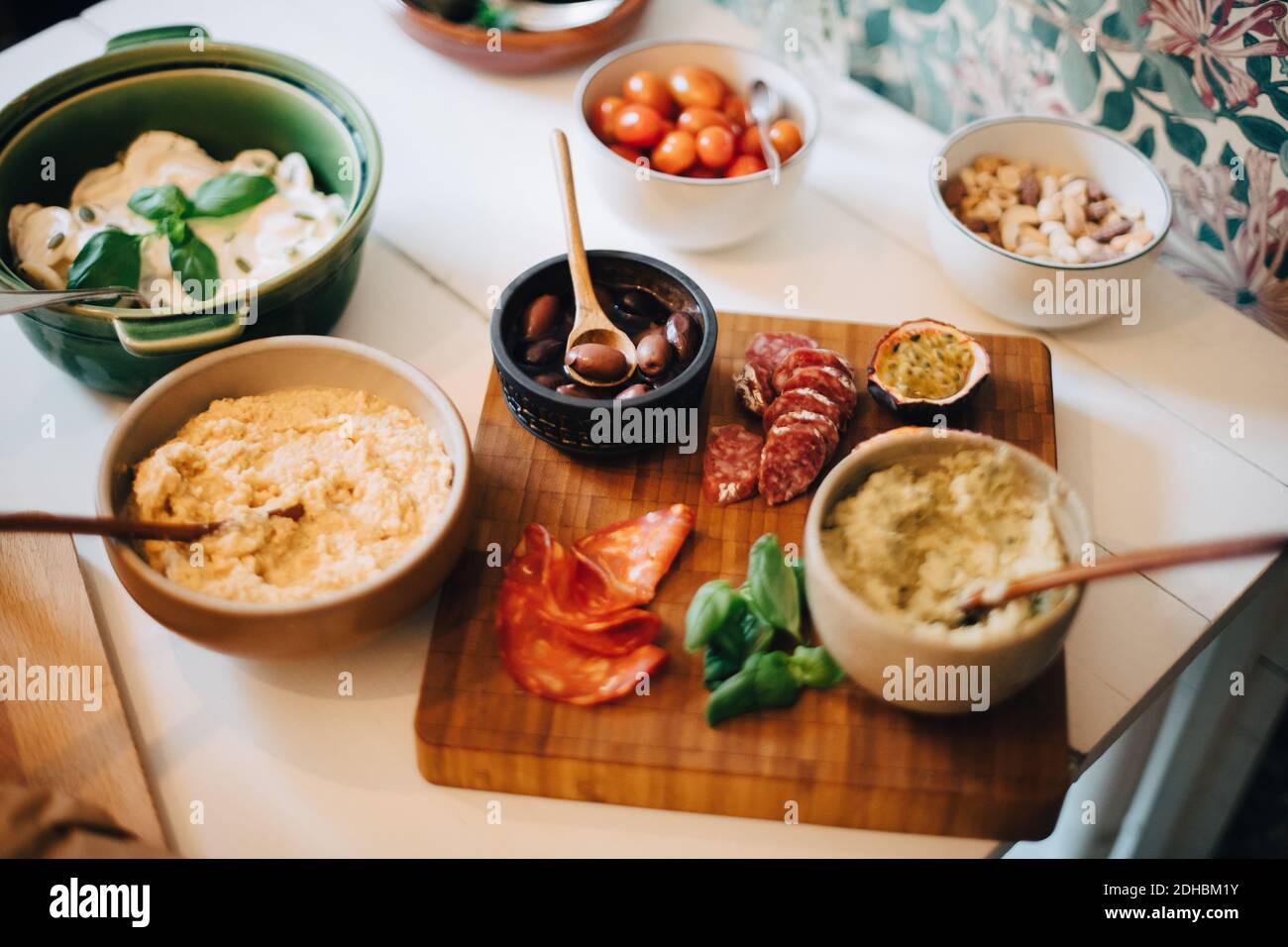 High angle view of food served on dining table in party at home Stock ...