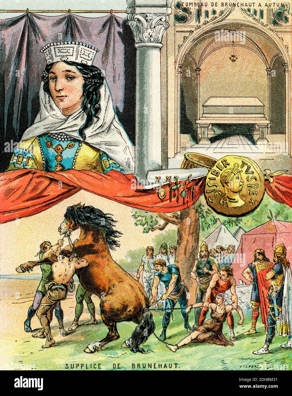 Old color lithography portrait of Brunhilda (543–613) queen consort of ...