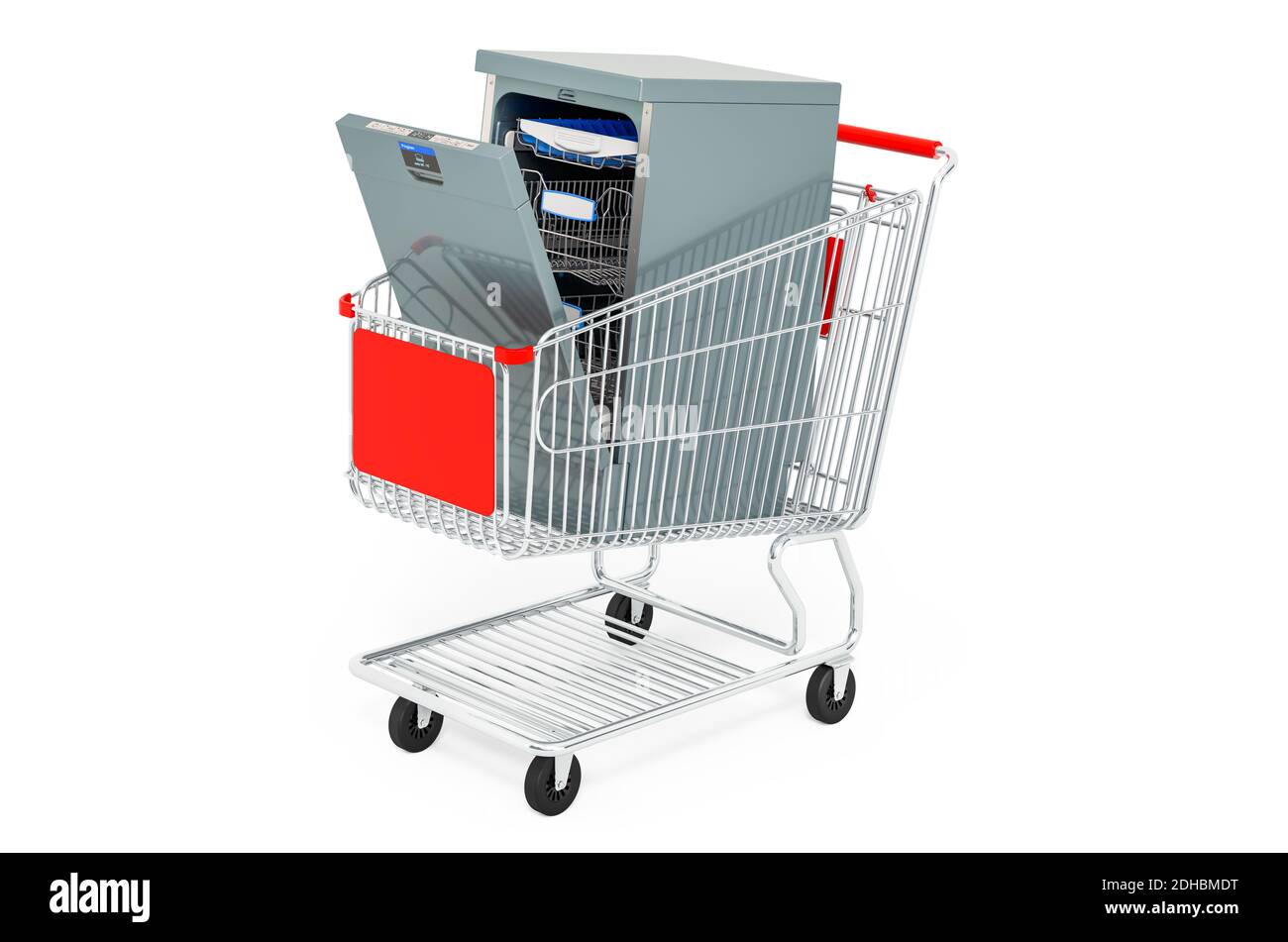 Shopping cart with dishwasher, 3D rendering isolated on white ...