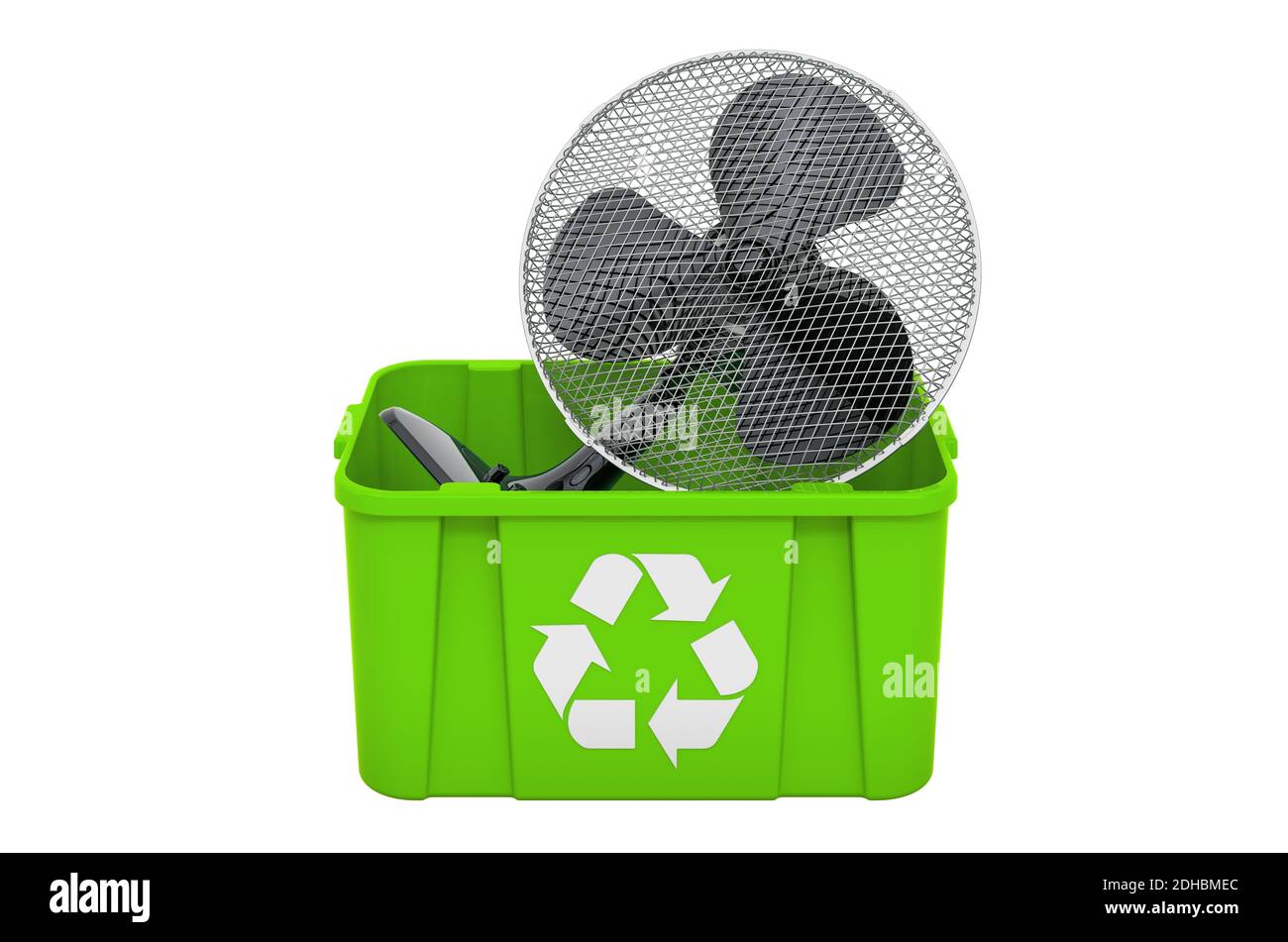 Recycling trashcan with table fan, 3D rendering isolated on white ...