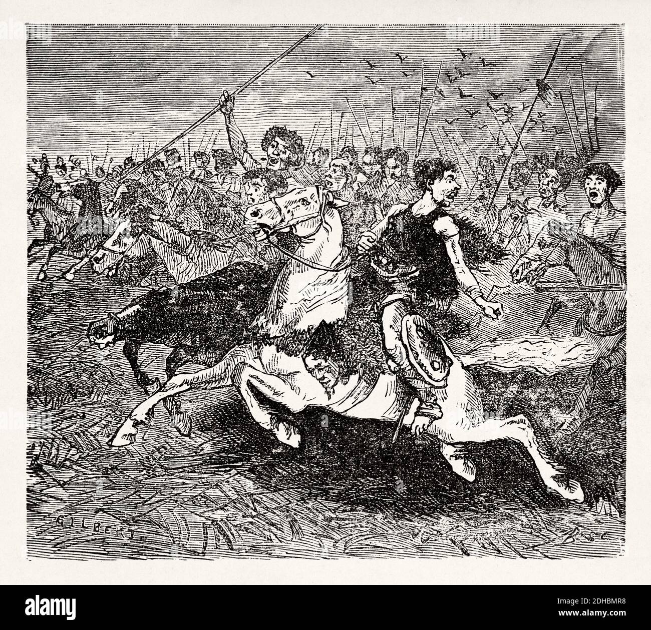 The Huns riding into battle. France. Old XIX century engraving ...