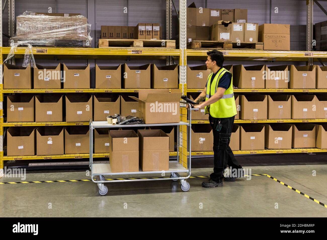 Full length side view of young male worker pushing cart with cardboard ...