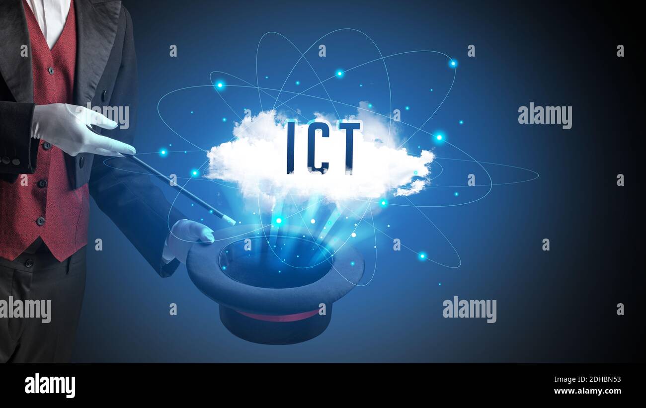 Magician is showing magic trick with ICT abbreviation, modern tech ...