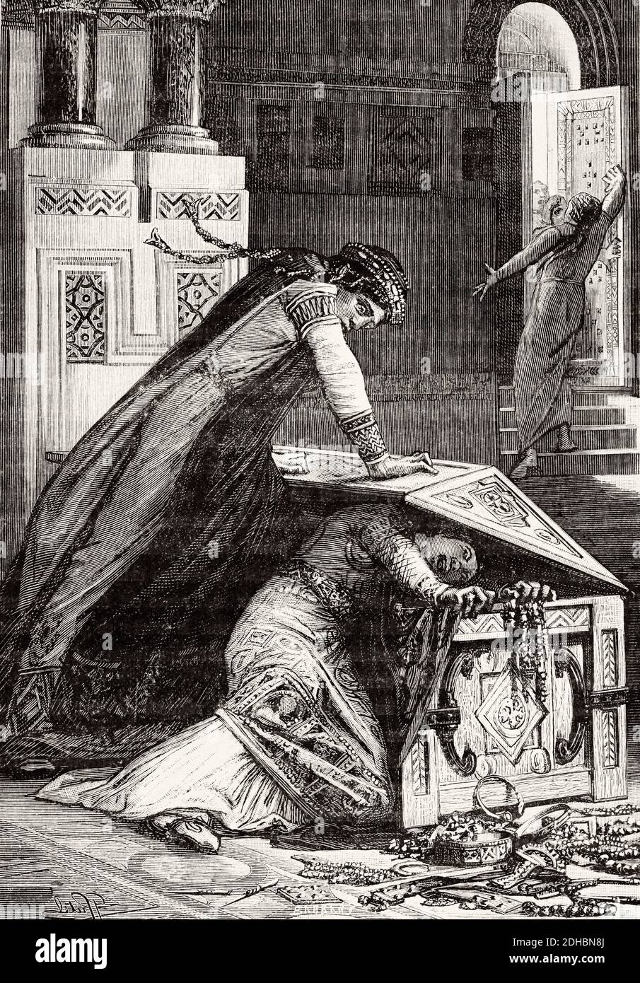 Fredegund tries to kill her daughter Rigunth. France. Old XIX century ...