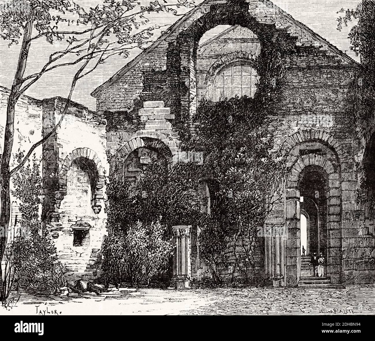 Thermes de Cluny, Roman baths, Paris, France. Old XIX century engraving ...