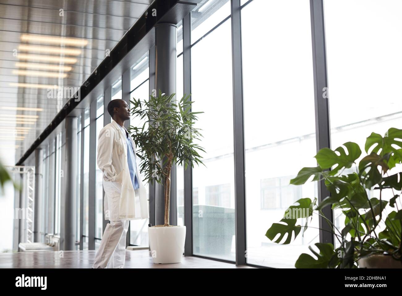 Thoughtful mid adult doctor looking through window while standing in ...