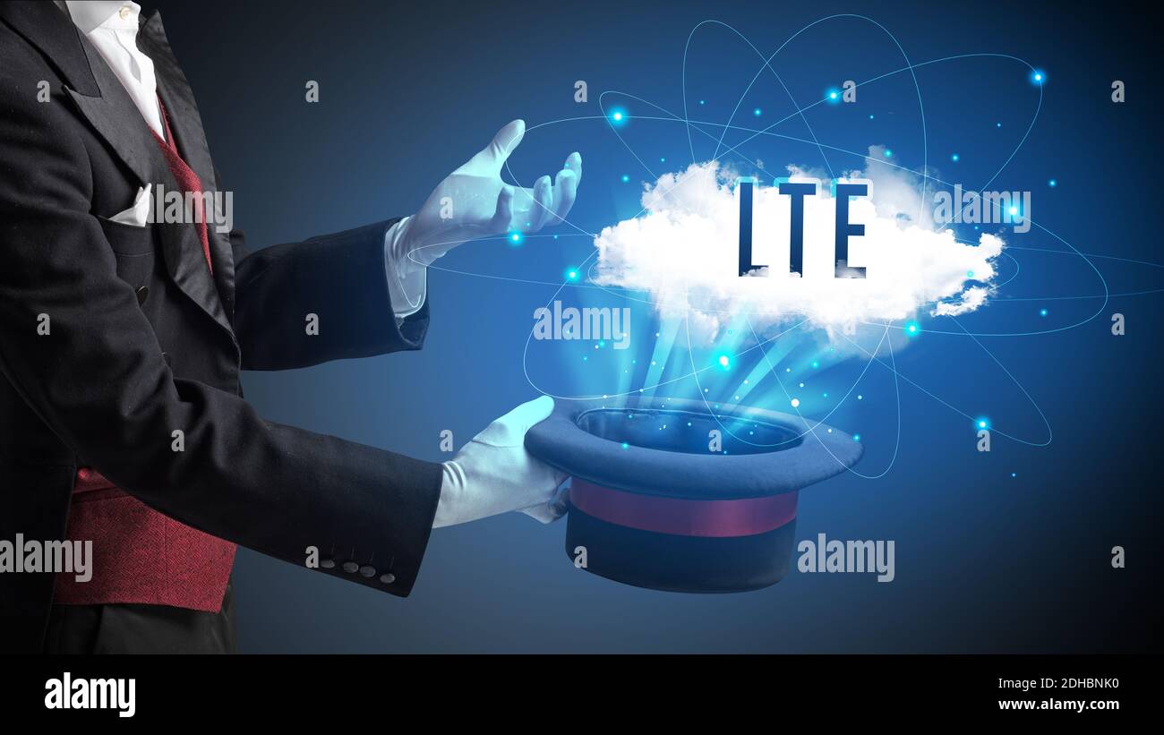 Magician is showing magic trick with LTE abbreviation, modern tech ...