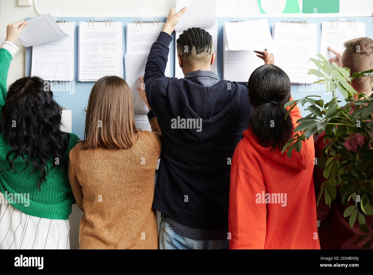 Rear view of university students checking bulletin board for test ...