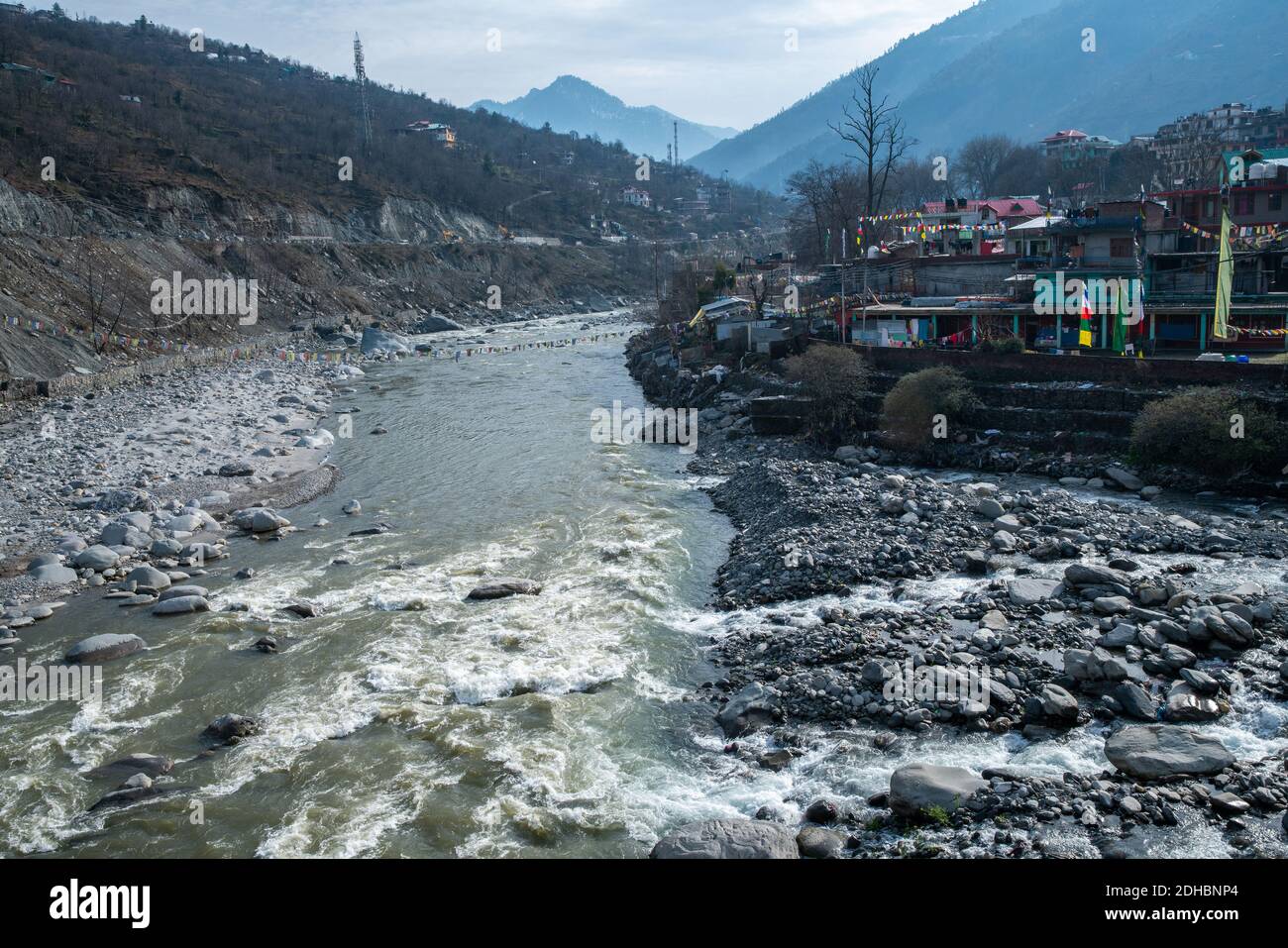 Valley Kullu and river Beas and town Kullu, North India . Houses with ...