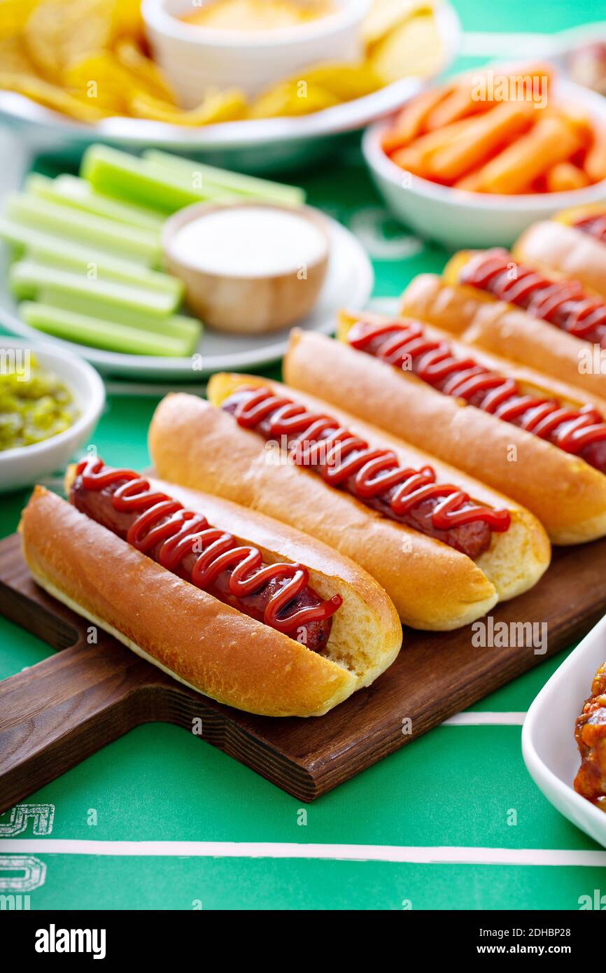 Game day food for Super Bowl, hot dogs Stock Photo - Alamy