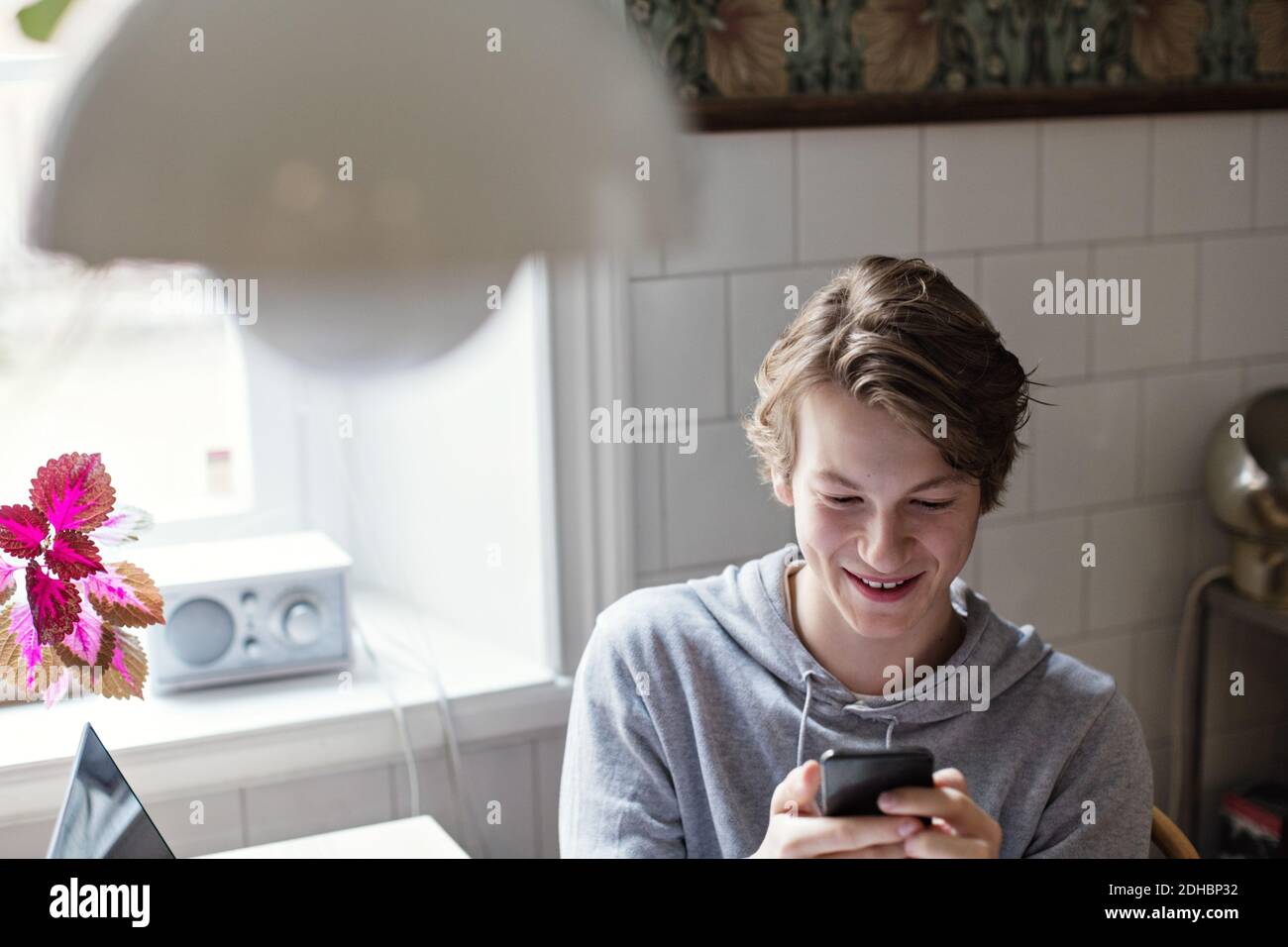 Happy teenage boy using mobile phone at home Stock Photo - Alamy