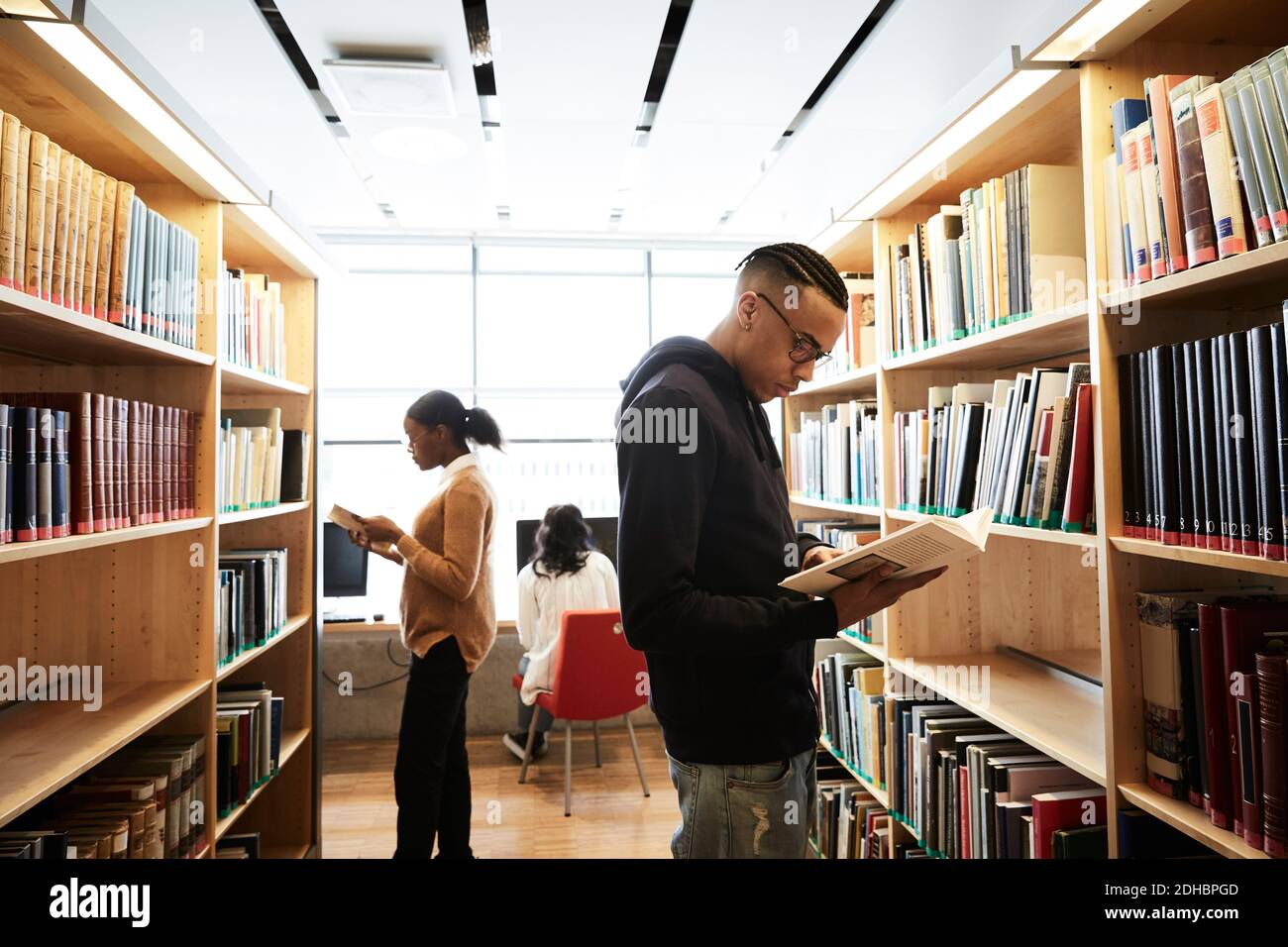 Male and female friends reading book while woman using computer in ...