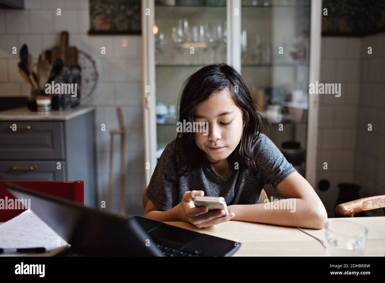 Boy E-learning while using smart phone for homework at home Stock Photo ...