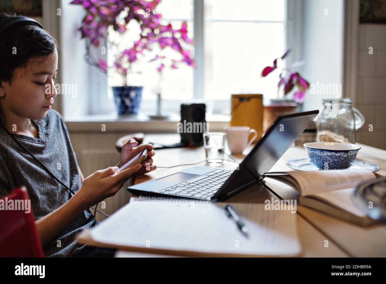 Serious boy using mobile phone while studying at home Stock Photo - Alamy