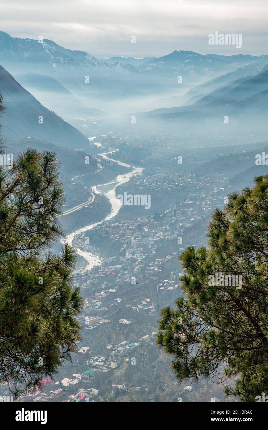 Amazing aerial view of Kulu valley, Bis river and Kulu city in sunshine ...