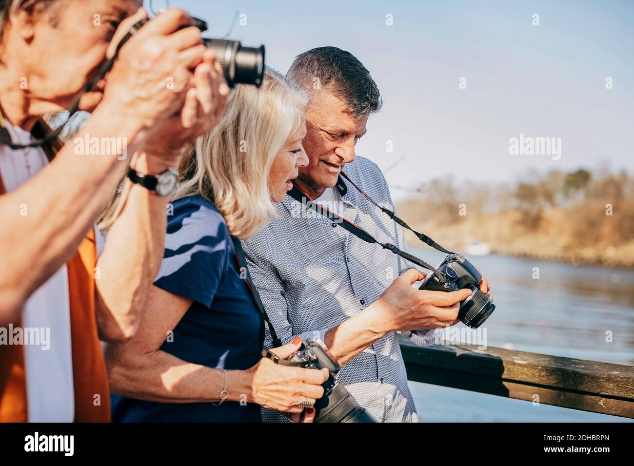 Senior male and female friends with cameras standing at park Stock ...