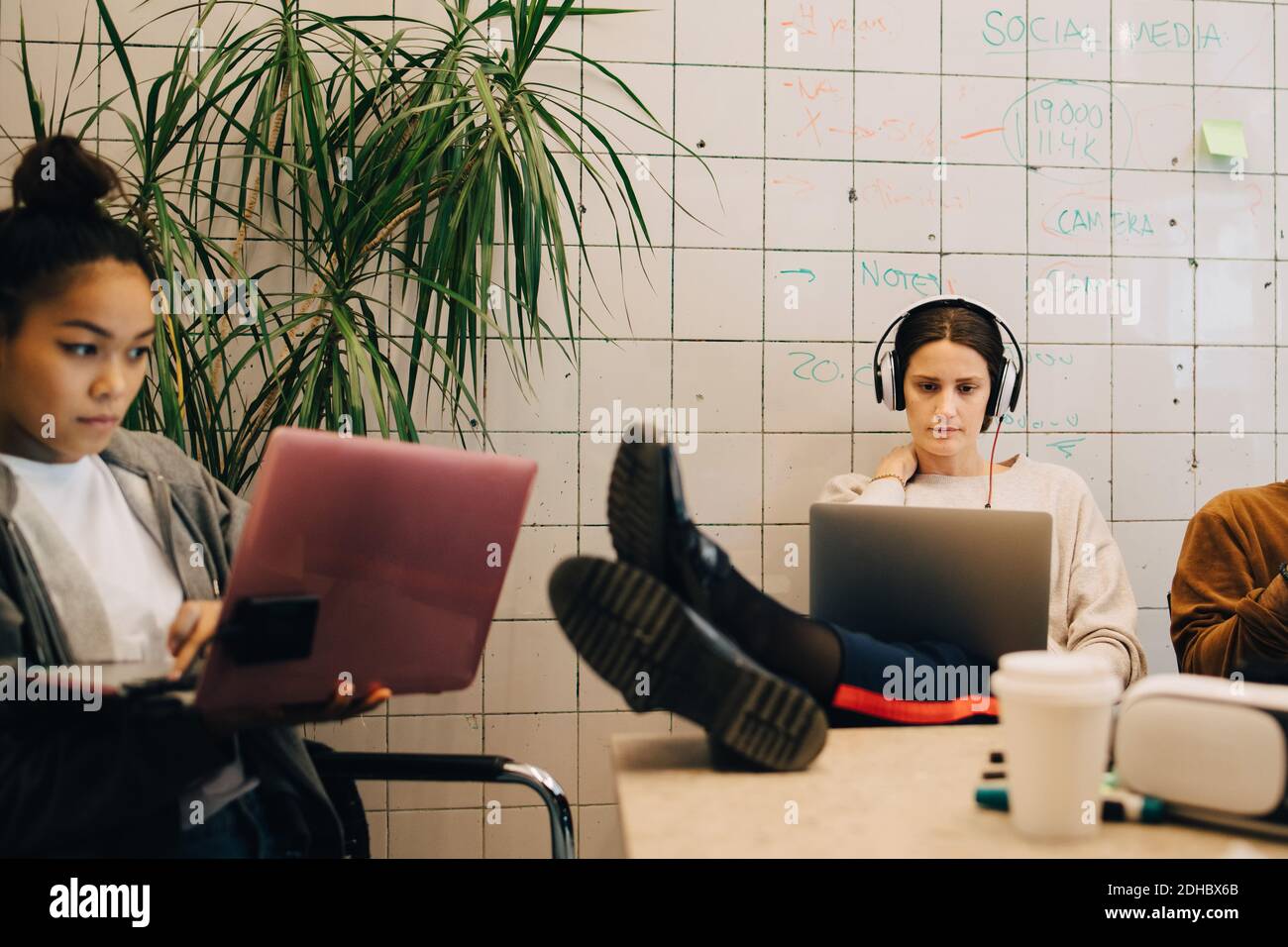 Young multi-ethnic female computer programmers using laptops at small ...