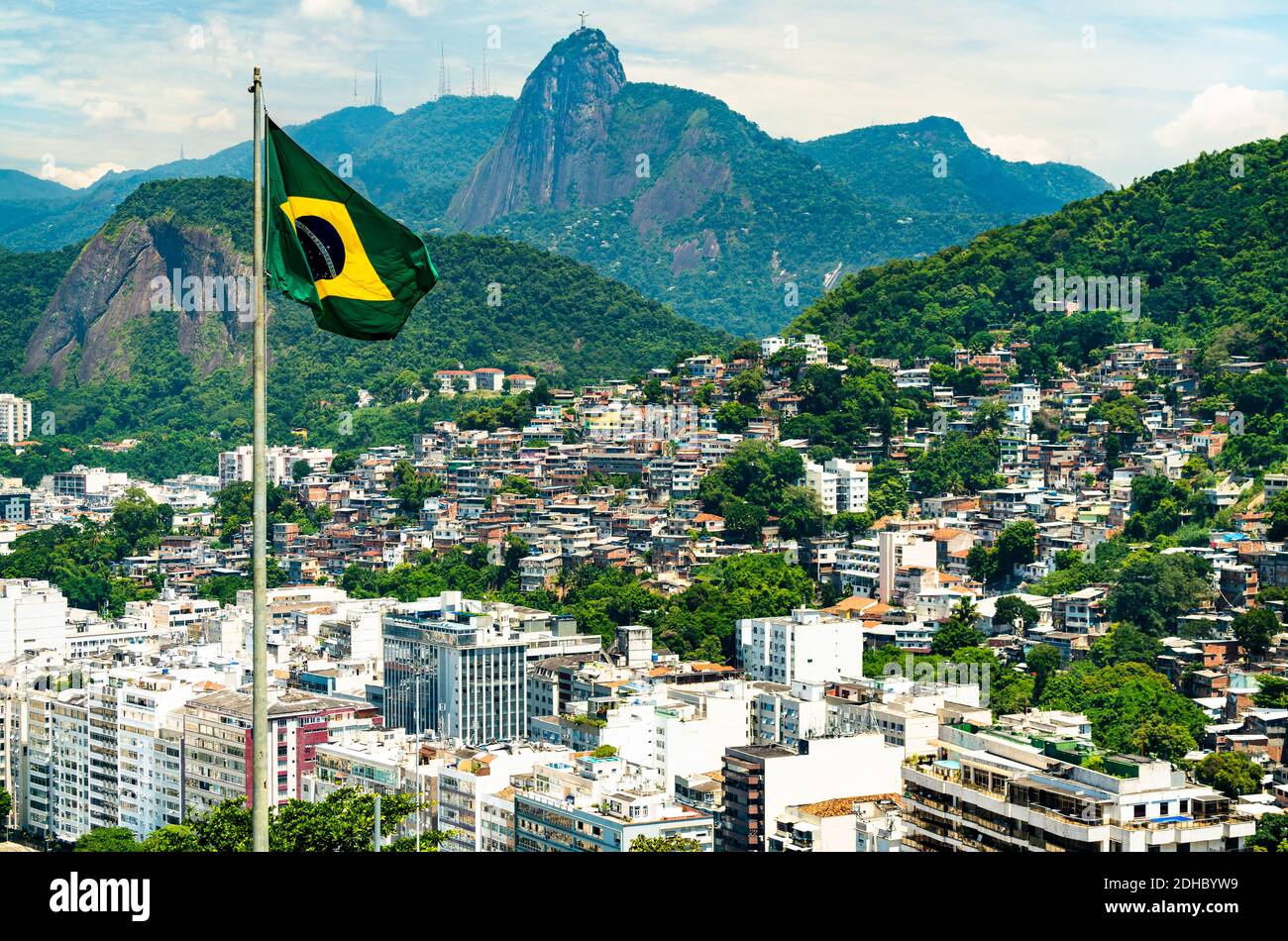Flag of Brazil with Rio de Janeiro in the background Stock Photo - Alamy