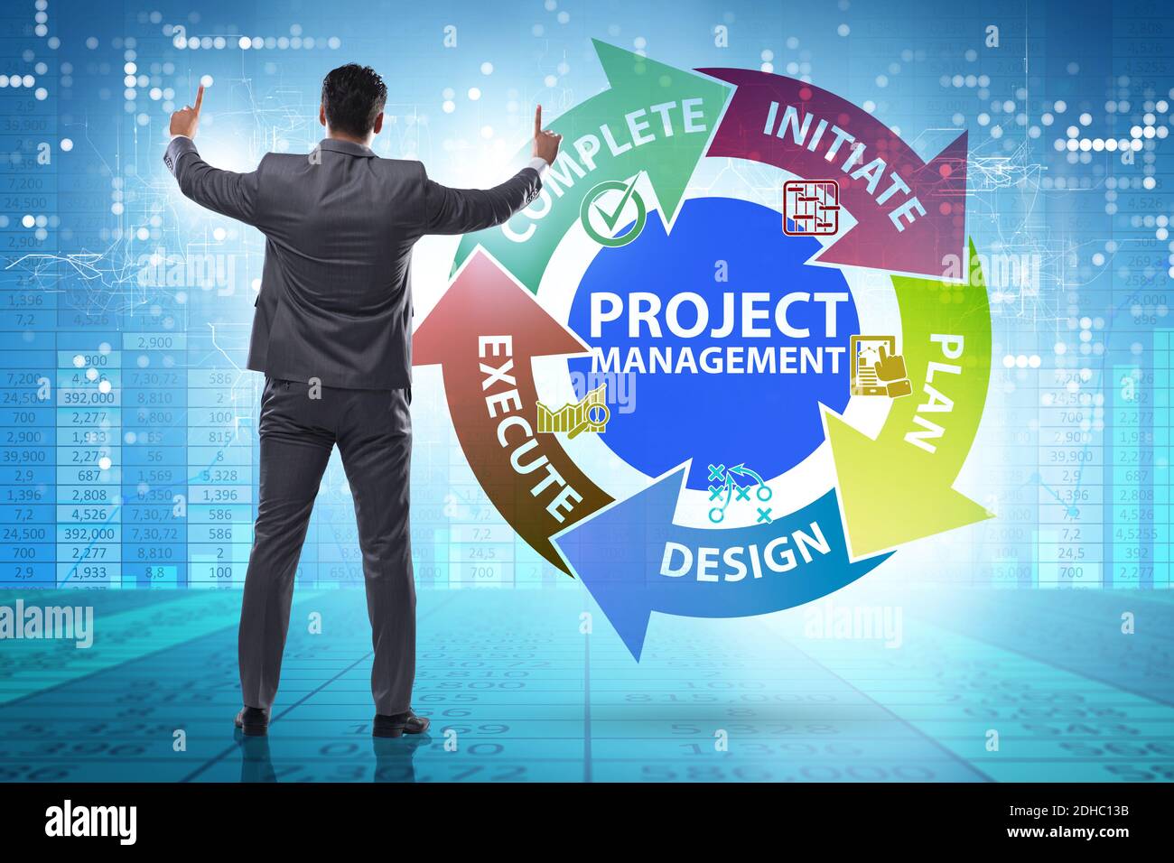 Project management concept in stages with businessman Stock Photo - Alamy