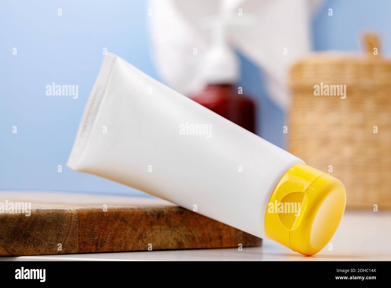 Sunscreen cosmetic containers in bathroom close up Stock Photo - Alamy
