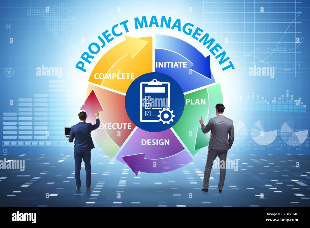 Project management concept in stages with businessman Stock Photo - Alamy