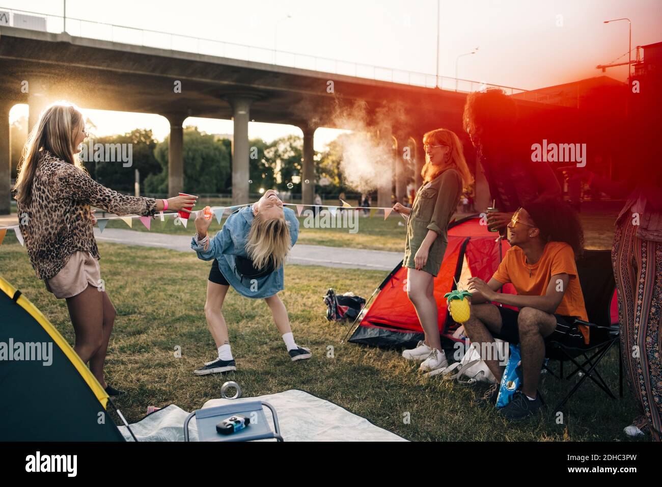Happy friends performing limbo dance on lawn at music festival during ...