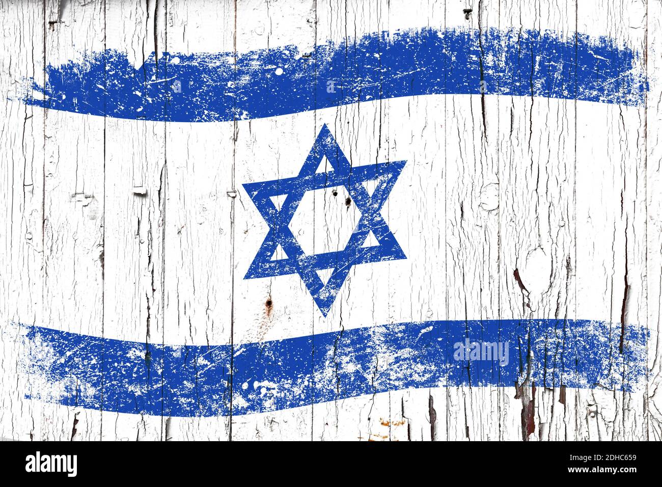 Grunge flag of Israel on old weathered white painted wooden surface ...