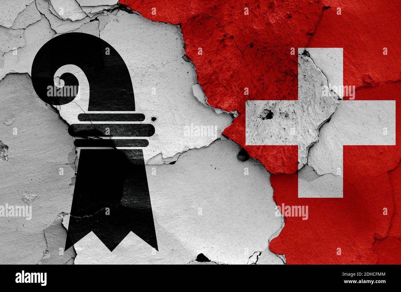 Flags of Basel-City canton and Switzerland painted on cracked wall ...