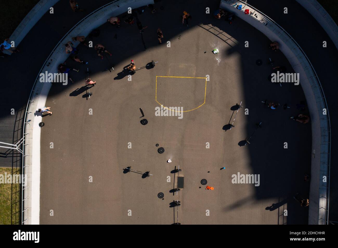 Aerial footage of a sports ground, people doing weightlifting Stock ...