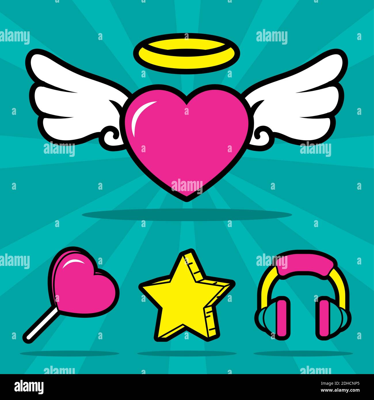 pop art heart with wings candy star and headphone design of retro ...