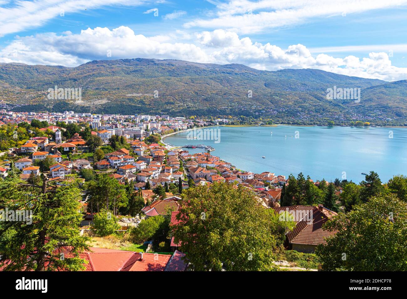 Aerial view of Ohrid old town at Ohrid lake, Ohrid is part of UNESCO's ...