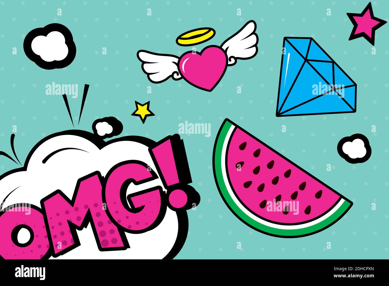 pop art omg explosion bubble watermelon and diamond design of retro ...