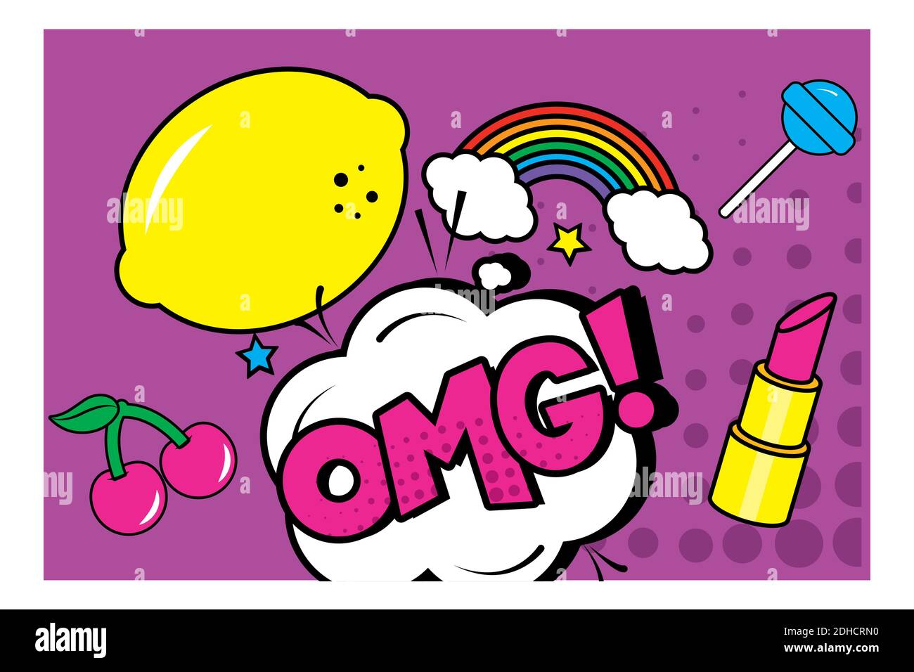 pop art omg explosion bubble lemon lipstick and rainbow design of retro ...