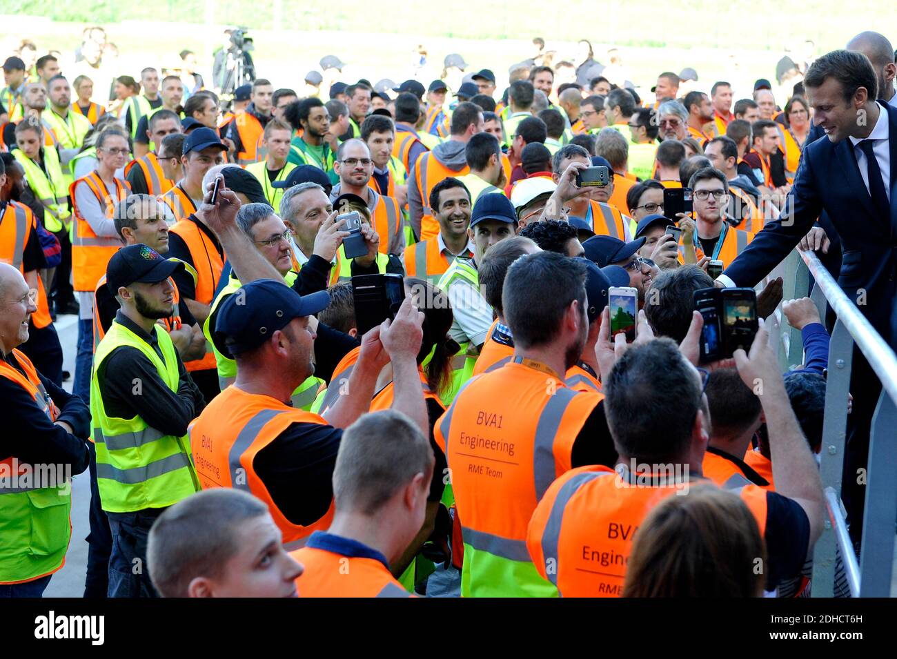 French President Emmanuel Macron during a visit at the Amazon factory ...