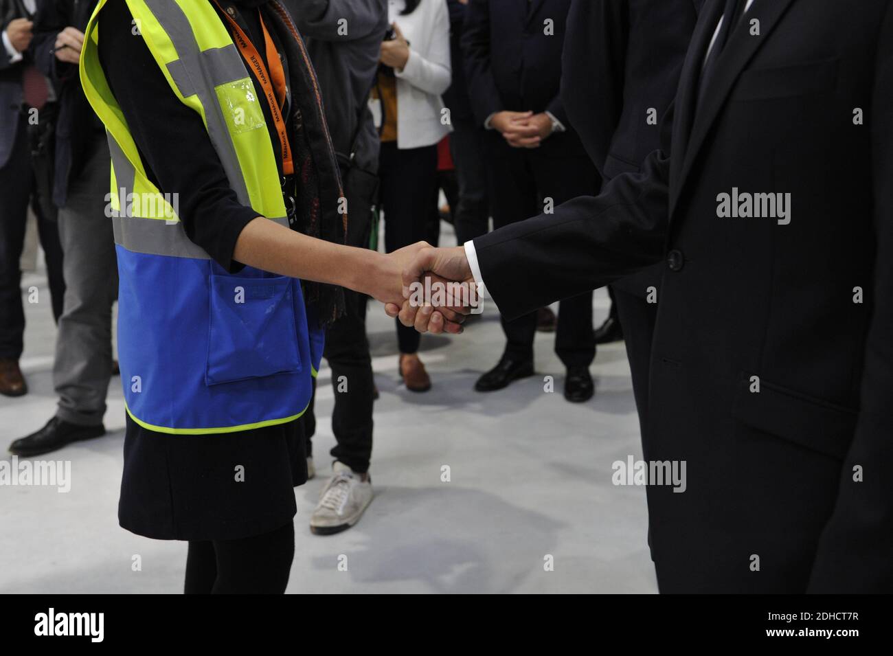 French President Emmanuel Macron during a visit at the Amazon factory ...