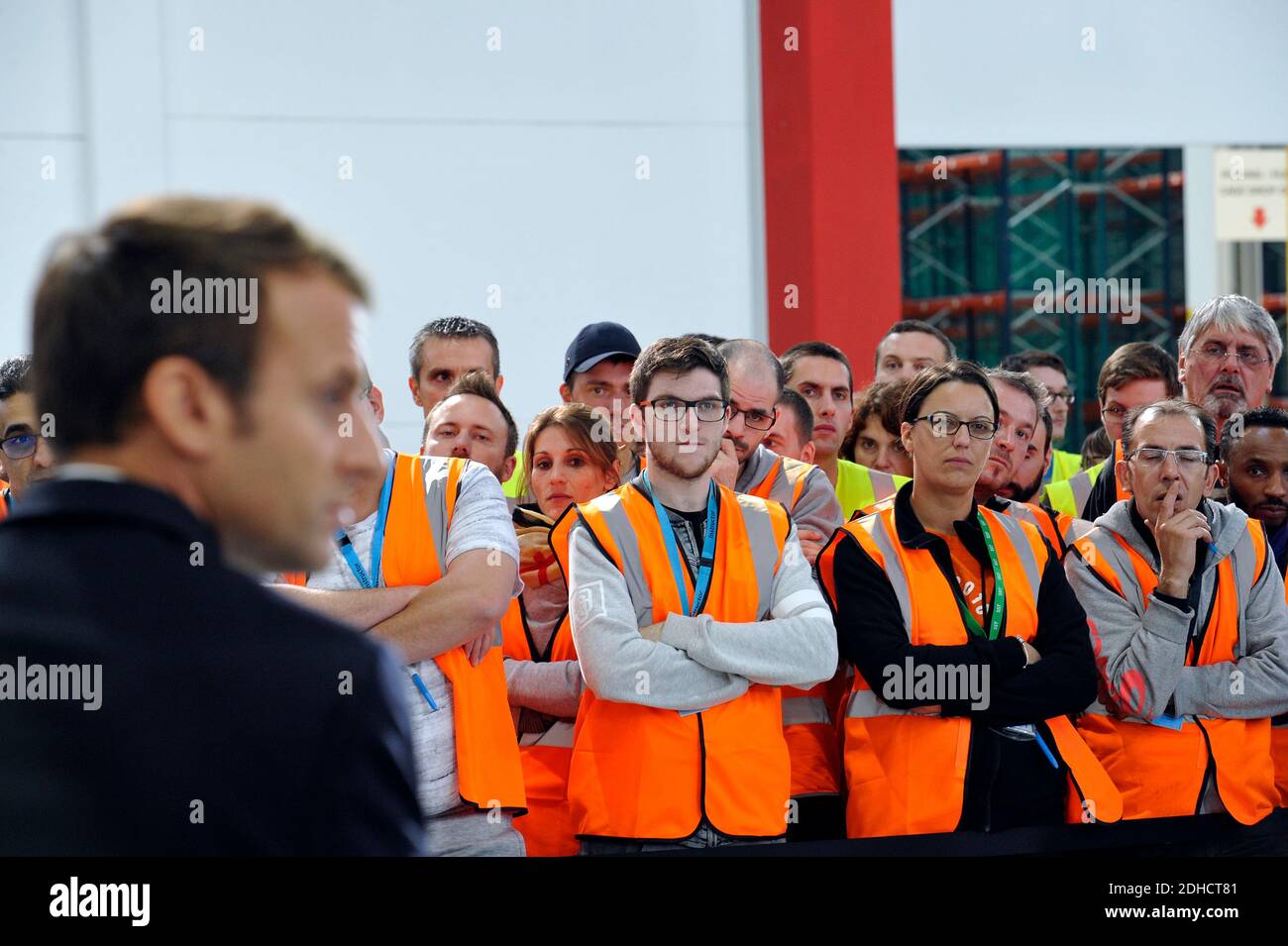 French President Emmanuel Macron during a visit at the Amazon factory ...