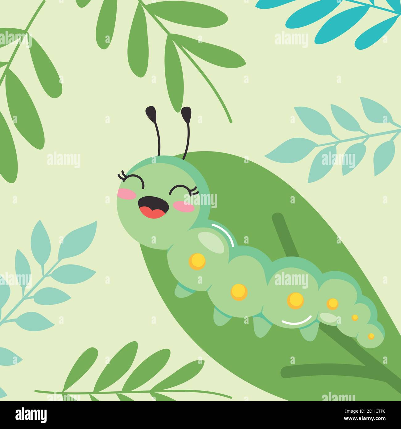 cute worm on a leaf and leaves around over yellow background, colorful ...